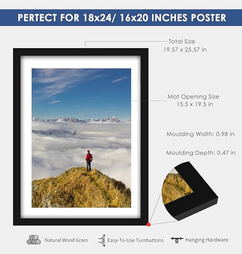 PEALSN 18x24 Poster Frame Set of 2, Picture Frames for Wall Decor, Display 16 x 20 Pictures with Mat or 18 x 24 Without Mat for Wall Mounting Display, Black.