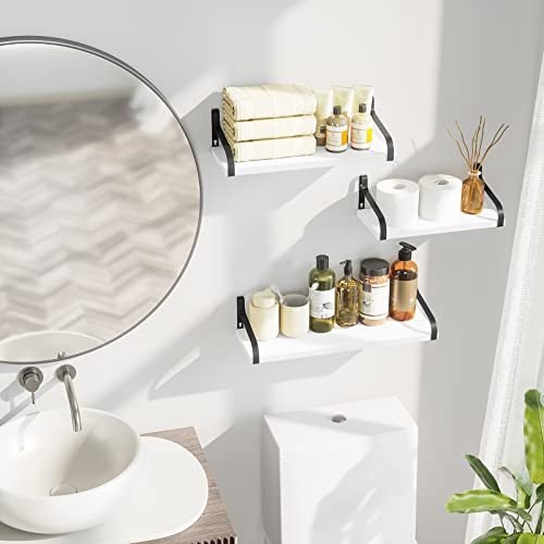 Love-KANKEI Floating Shelves Wall Mounted Set of 3, Large Wood Wall Shelves for Storage, Rustic Shelves for Display Bathroom,Bedroom,Living Room,Kitchen,Office and More White