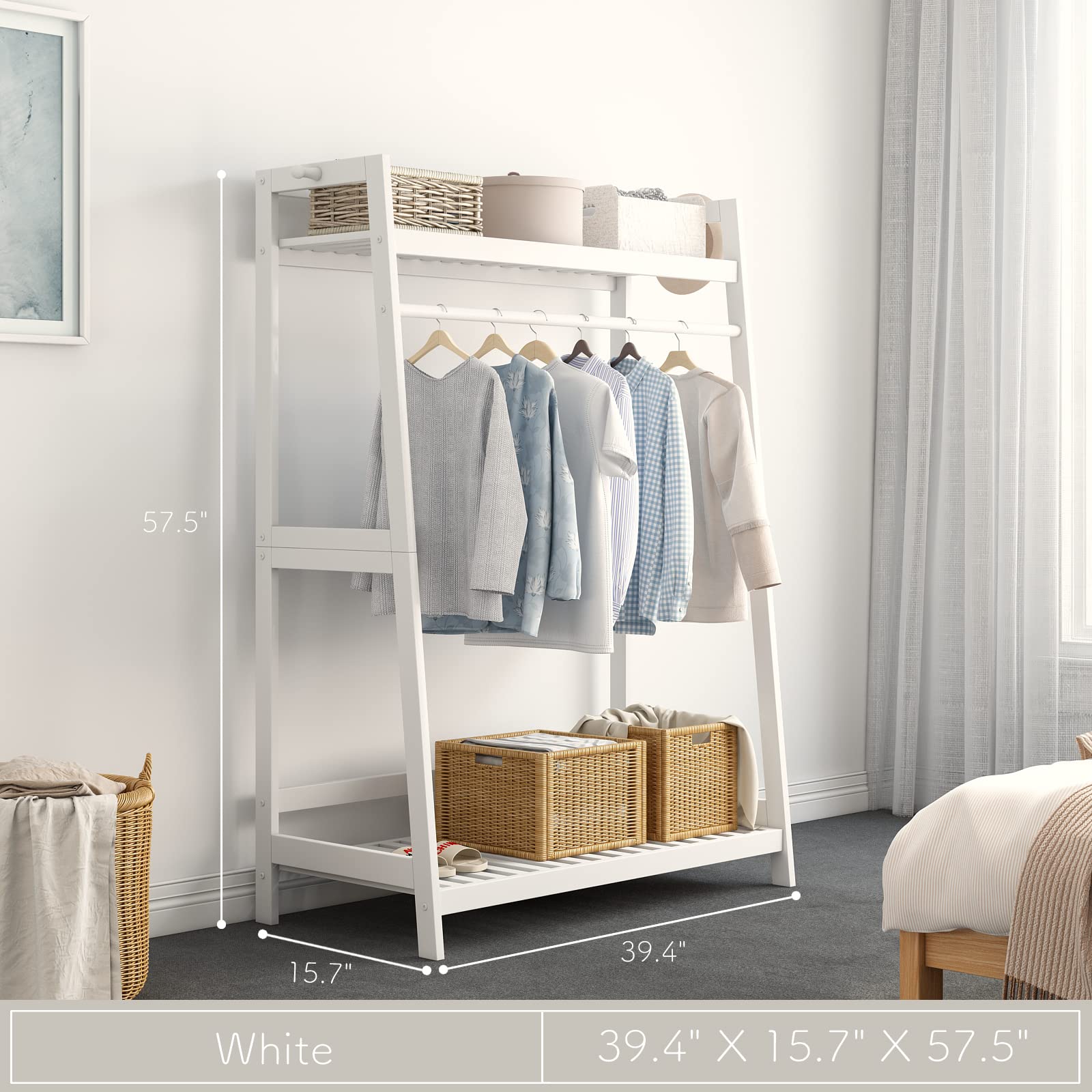 IOTXY Open Wood Garment Rack - White Solid Wood Freestanding Clothing Rack with Storage Shelves and Rod for Hanging Clothes, Large Wide Open Shelving Wardrobe and Closet Organizer for Bedroom, 39.4"W