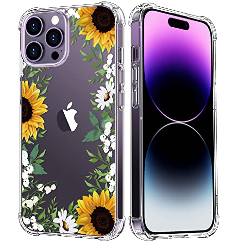 ZADORN Compatible with iPhone 14 Pro Max Case with Screen Protector and Camera Cover,Fashion Designs for Women Girls,Soft TPU Bumper Protective Trendy Phone Case for 6.7",White Floral Sunflowers
