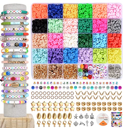 Dulzod 4800Pcs Clay Beads for Jewelry Making Bracelet Kit,Flat Round Polymer Heishi Clay Beads with Pendant and Jump Rings Smiley Letter Beads for Bracelets Necklace Earring DIY Craft-24 Colors 6mm