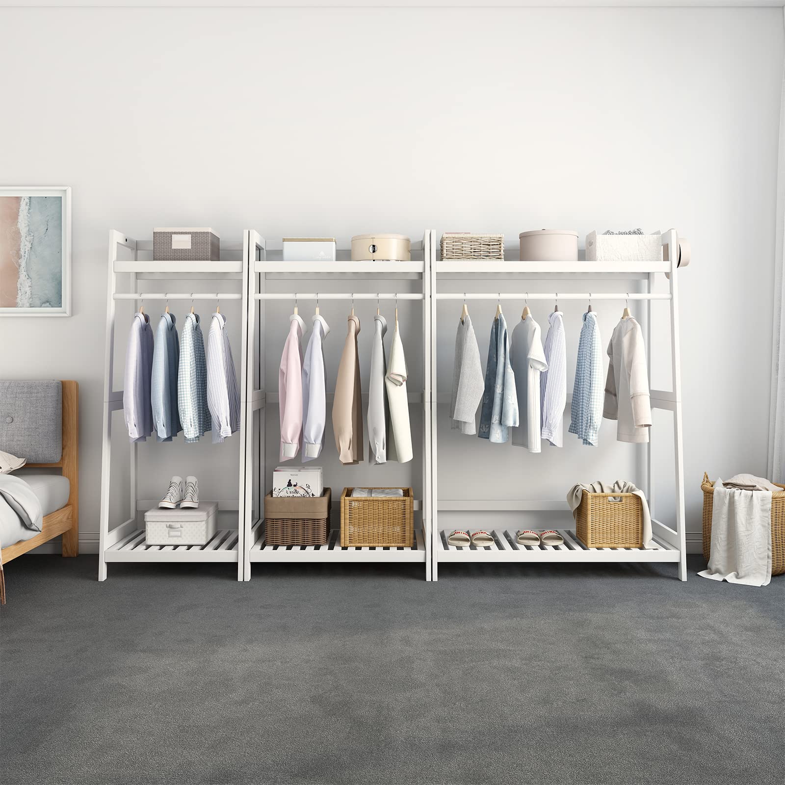 IOTXY Open Wood Garment Rack - White Solid Wood Freestanding Clothing Rack with Storage Shelves and Rod for Hanging Clothes, Large Wide Open Shelving Wardrobe and Closet Organizer for Bedroom, 39.4"W