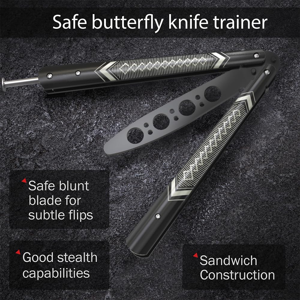 GOOD WORKER Butterfly Knife Trainer - Practice Balisong Butterfly Knives NOT Real NOT Sharp Blade - Black Dull Trick Butterfly - Butter Fly Training K14B
