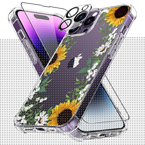 ZADORN Compatible with iPhone 14 Pro Max Case with Screen Protector and Camera Cover,Fashion Designs for Women Girls,Soft TPU Bumper Protective Trendy Phone Case for 6.7",White Floral Sunflowers