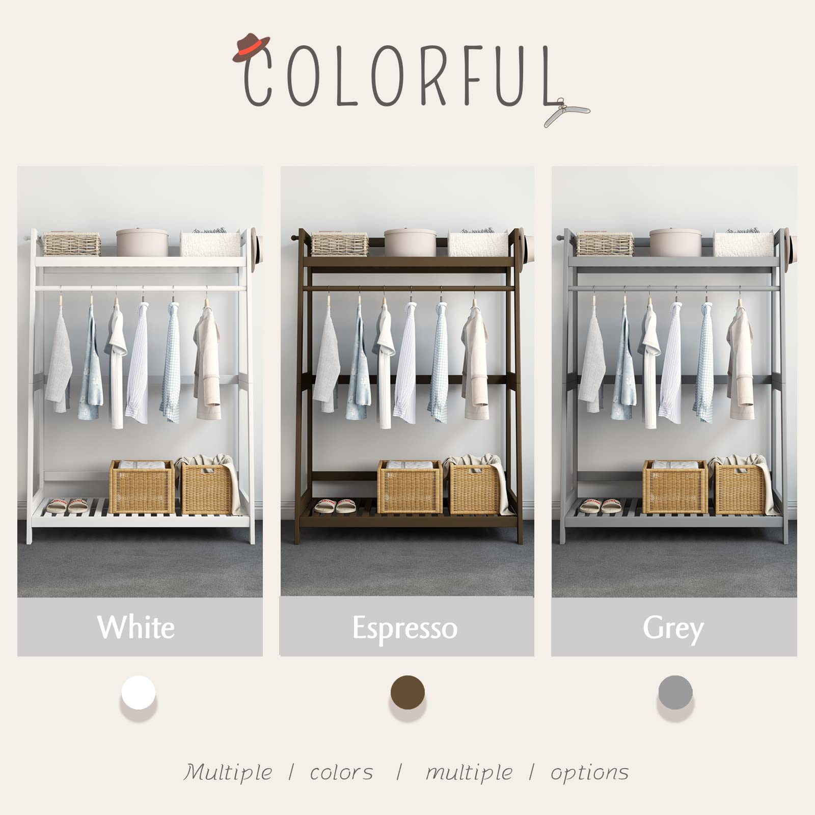 IOTXY Open Wood Garment Rack - White Solid Wood Freestanding Clothing Rack with Storage Shelves and Rod for Hanging Clothes, Large Wide Open Shelving Wardrobe and Closet Organizer for Bedroom, 39.4"W