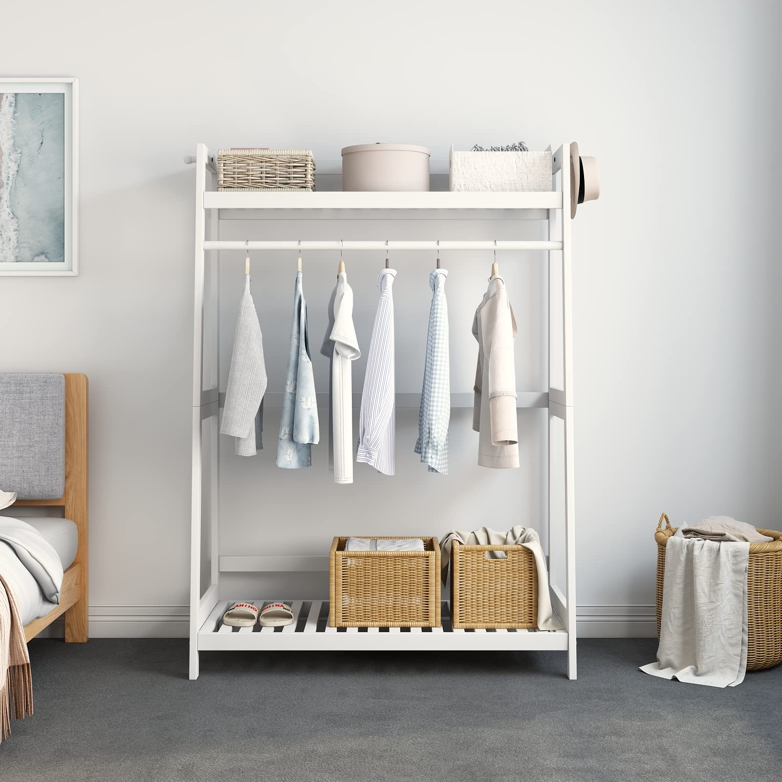 IOTXY Open Wood Garment Rack - White Solid Wood Freestanding Clothing Rack with Storage Shelves and Rod for Hanging Clothes, Large Wide Open Shelving Wardrobe and Closet Organizer for Bedroom, 39.4"W