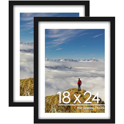 PEALSN 18x24 Poster Frame Set of 2, Picture Frames for Wall Decor, Display 16 x 20 Pictures with Mat or 18 x 24 Without Mat for Wall Mounting Display, Black.
