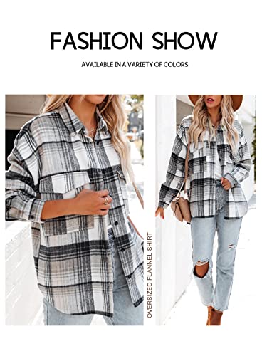 Womens Casual Plaid Shacket Flannel Button Down Long Sleeve Shirt Fall Jacket Shackets 6059 A-Grey Large