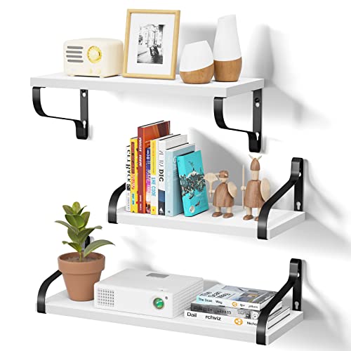 Love-KANKEI Floating Shelves Wall Mounted Set of 3, Large Wood Wall Shelves for Storage, Rustic Shelves for Display Bathroom,Bedroom,Living Room,Kitchen,Office and More White