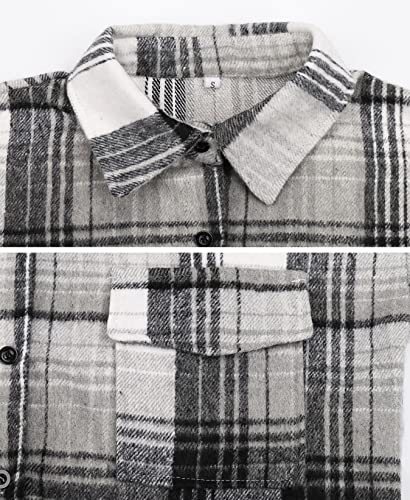 Womens Casual Plaid Shacket Flannel Button Down Long Sleeve Shirt Fall Jacket Shackets 6059 A-Grey Large