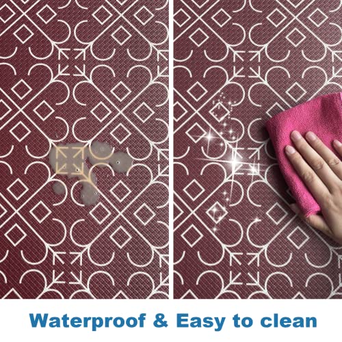 Artnice Anti Fatigue Kitchen Floor Mat Set of 2 PCS, Non Skid Comfort Kitchen Rug, Ergonomic Standing Desk Mat for Home, Office, Sink, Laundry, White Floral Grid Red