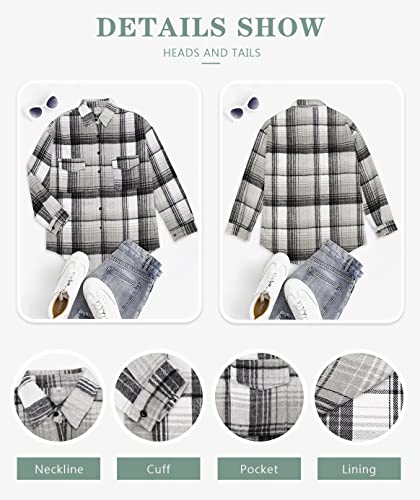 Womens Casual Plaid Shacket Flannel Button Down Long Sleeve Shirt Fall Jacket Shackets 6059 A-Grey Large