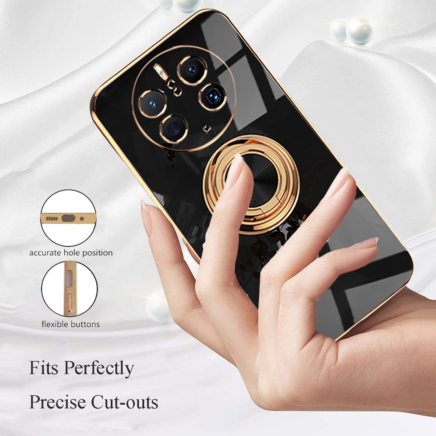 Yarxiawin Compatible with Huawei Mate 50 Pro Case with Ring Holder Pink, Aesthetic Huawei Mate 50 Pro Phone Case Silicone Soft TPU Slim Cover Shockproof Luxury with Kickstand (Black)