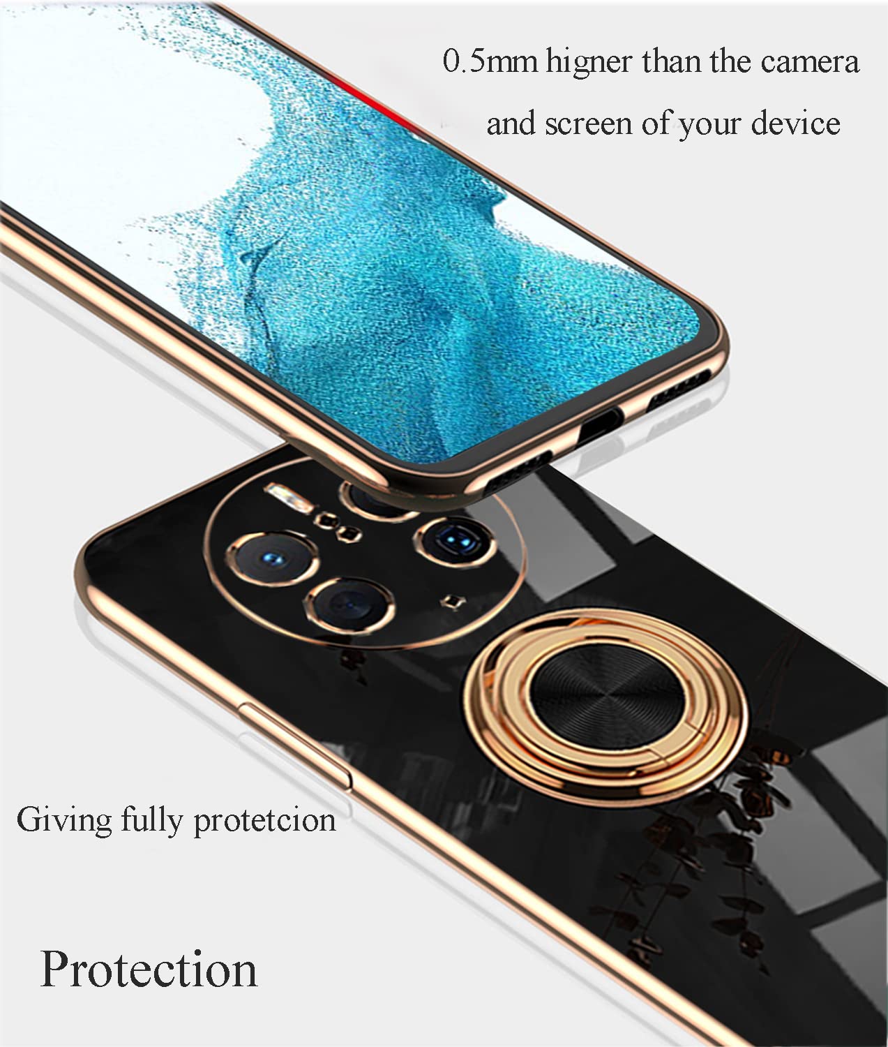 Yarxiawin Compatible with Huawei Mate 50 Pro Case with Ring Holder Pink, Aesthetic Huawei Mate 50 Pro Phone Case Silicone Soft TPU Slim Cover Shockproof Luxury with Kickstand (Black)