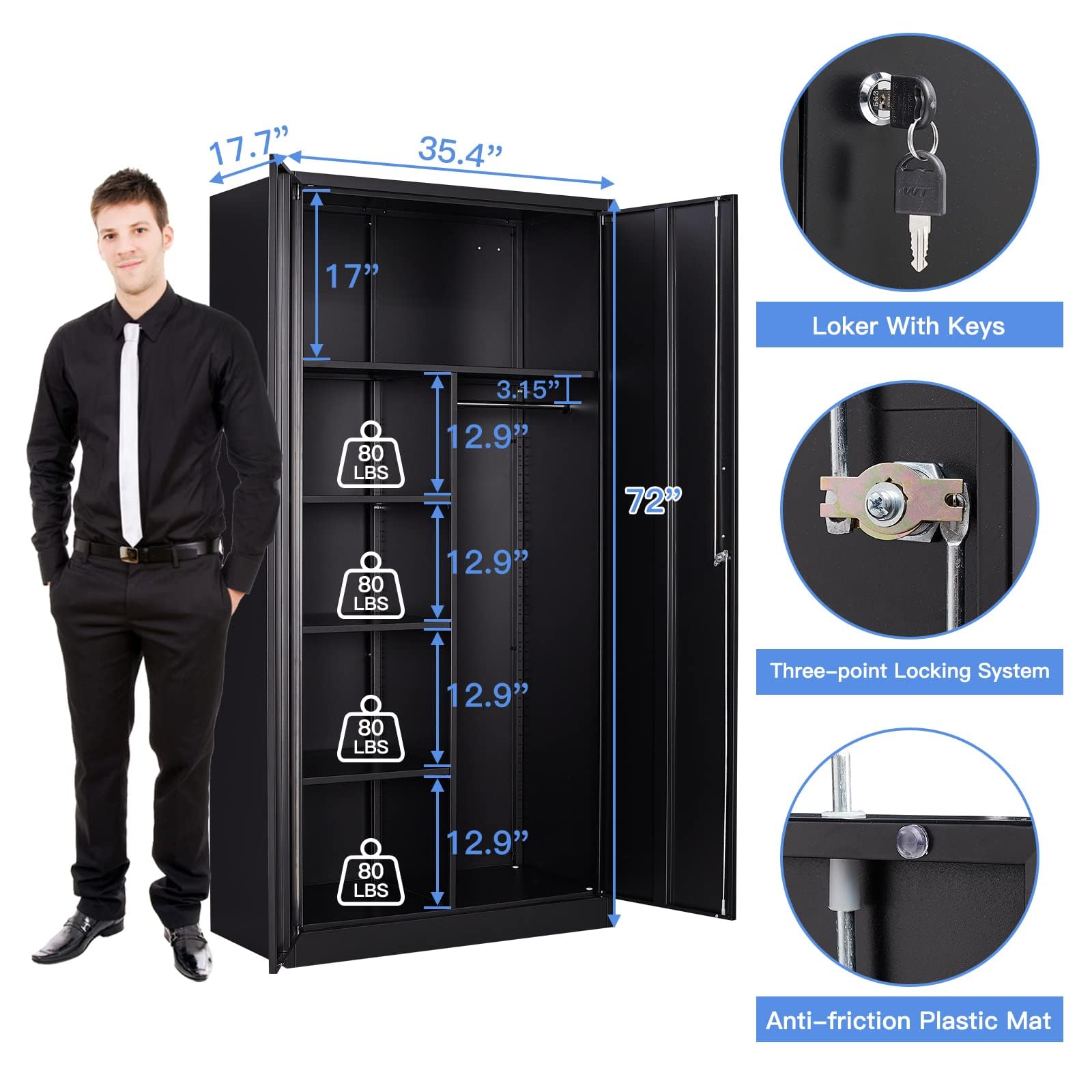 Yizosh Metal Armoire Wardrobe Closet Cabinet for Hanging Clothes with Lock Doors, -72" Steel Lockable Wardrobe Storage Locker Clothes Organizer for Bedroom, Laundry Room (Black)