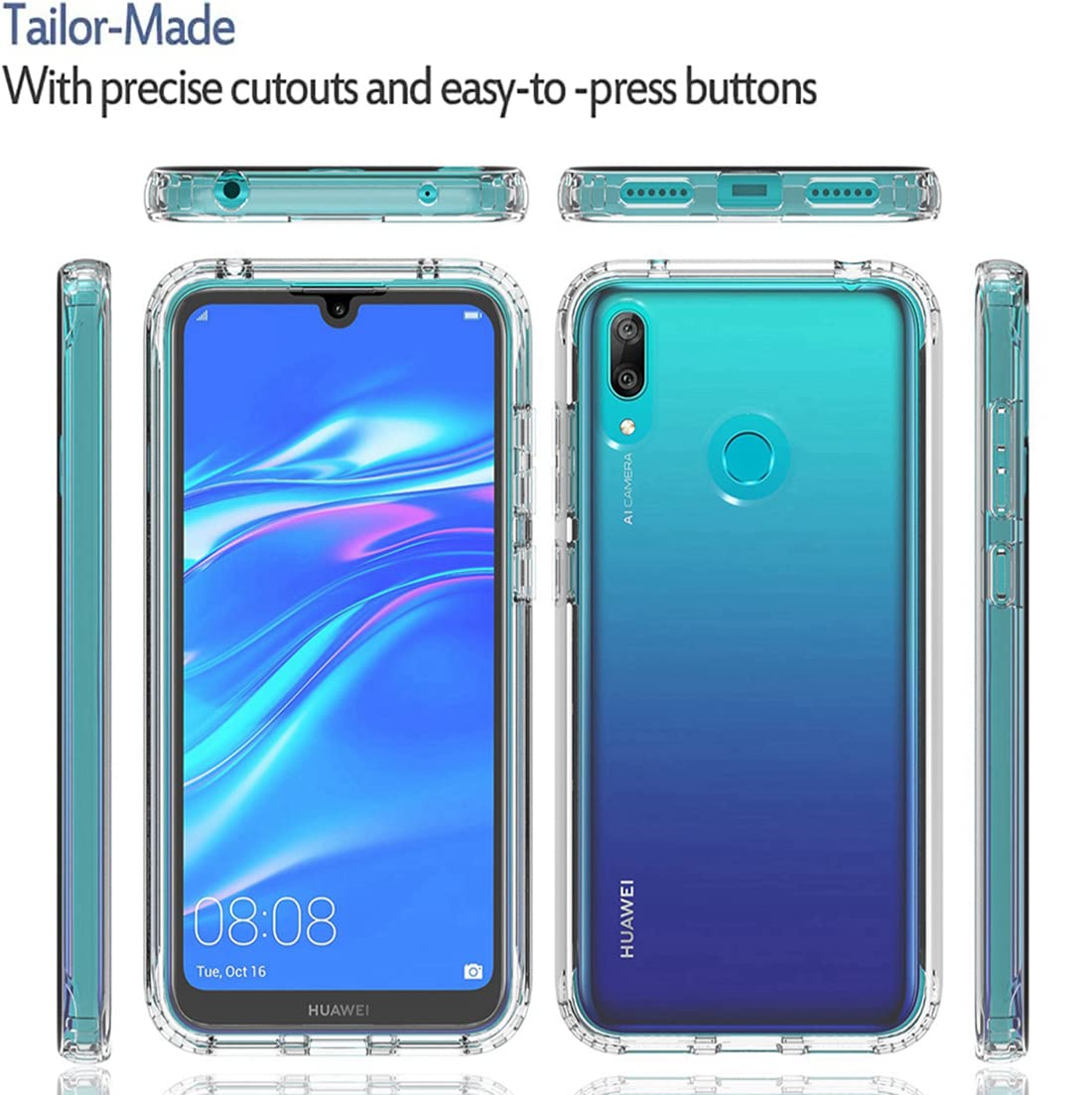 Vavies Compatible with Y7 2019/Y7 Prime 2019 Case, Dub-LX1 Case with Tempered Glass Screen Protector, Full Body Shockproof Clear Flexible Protective Cover Cases for Huawei Y7 Prime 2019 (Clear)