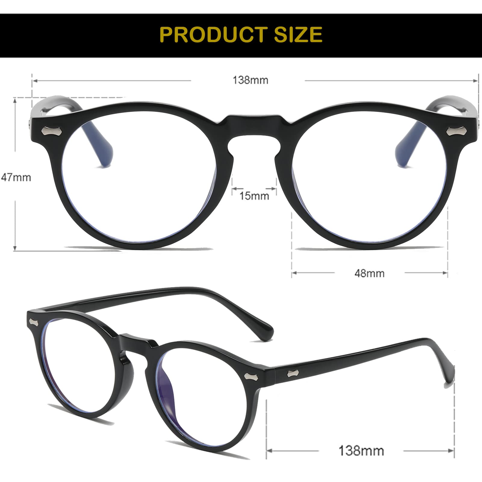 EYLRIM Round Blue Light Glasses Thick Circle Frame Clear Lens Non Prescription Eyewear(01 Black)