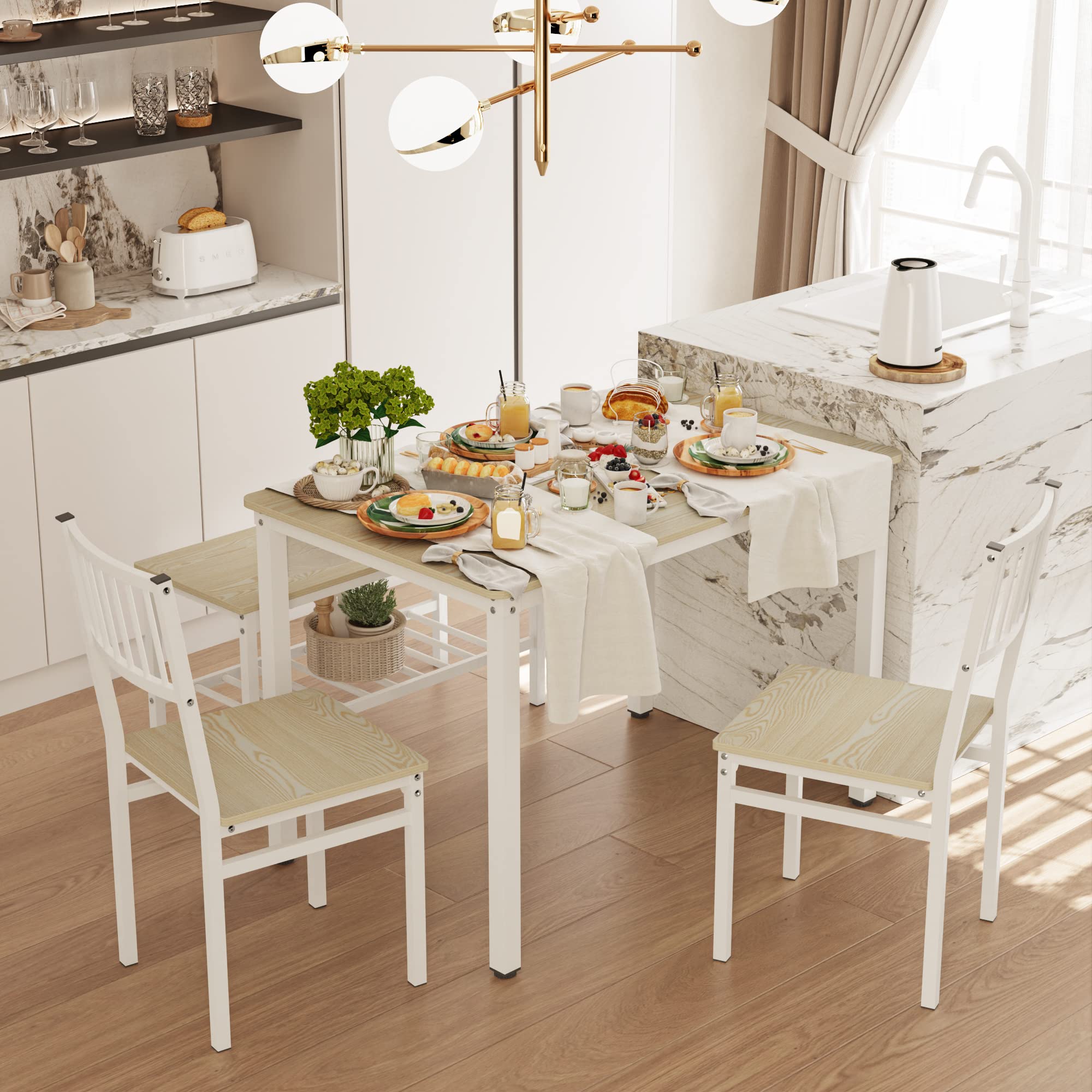 Teraves Dining Table Set/Computer Desk,Kitchen Table with 2 Chairs and a Bench,Table and Chairs 4 Piece Set for Dining Room (Beige, 110CM)