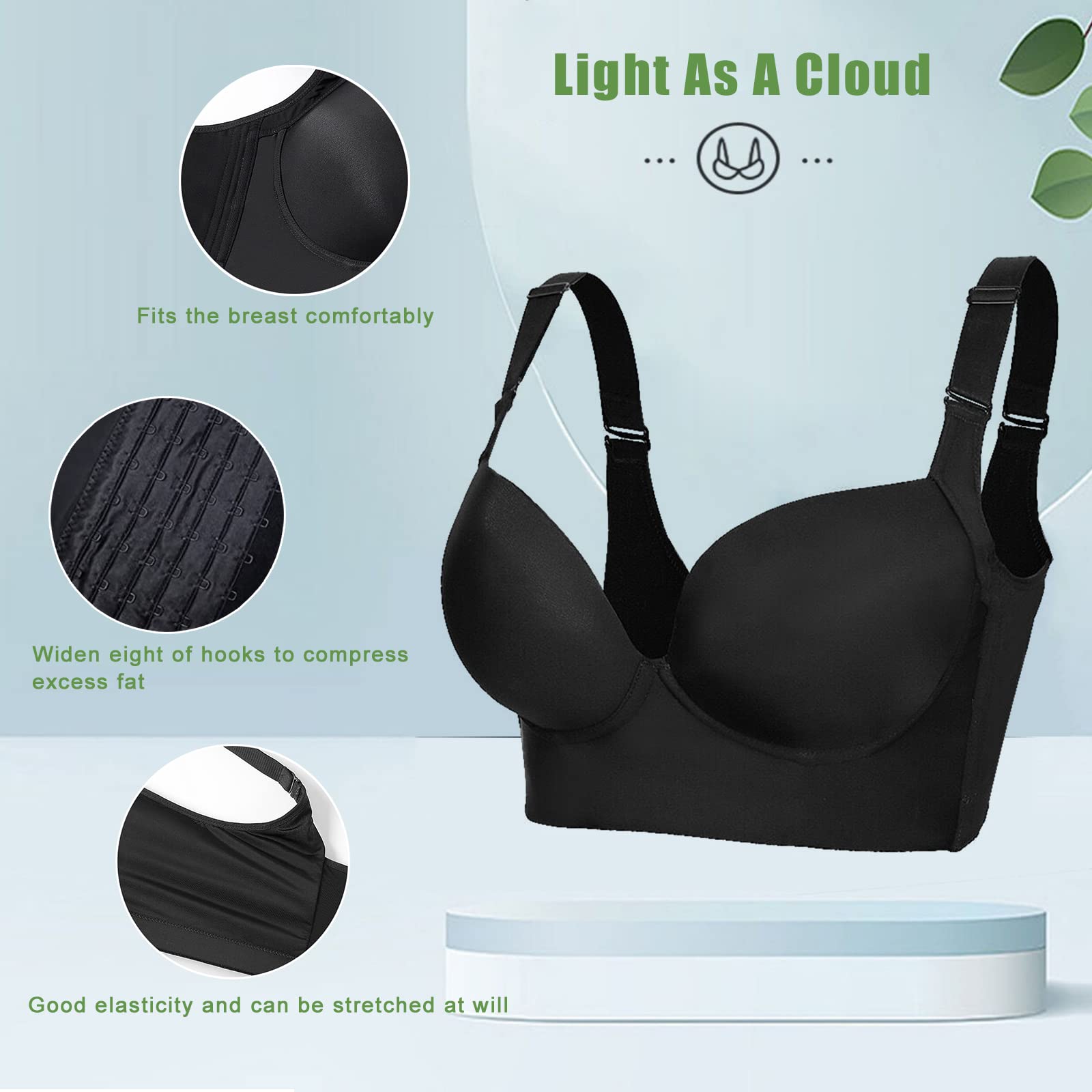 Runilut Women's Push Up Bra,Full-Coverage Underwire Bra,Hide Back Fat Deep Cup Bra,Smoothing T-Shirt Bra,Sculpting Uplift Bra Black 38DDD