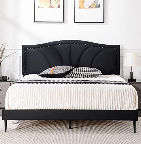 AsKmore Full Size Bed Frame,Velvet Upholstered Platform Bed with Decorative Flower Line & Nailhead Trim Headboard with Wood Slat Support,No Box Spring Needed,Easy Assembly, Black