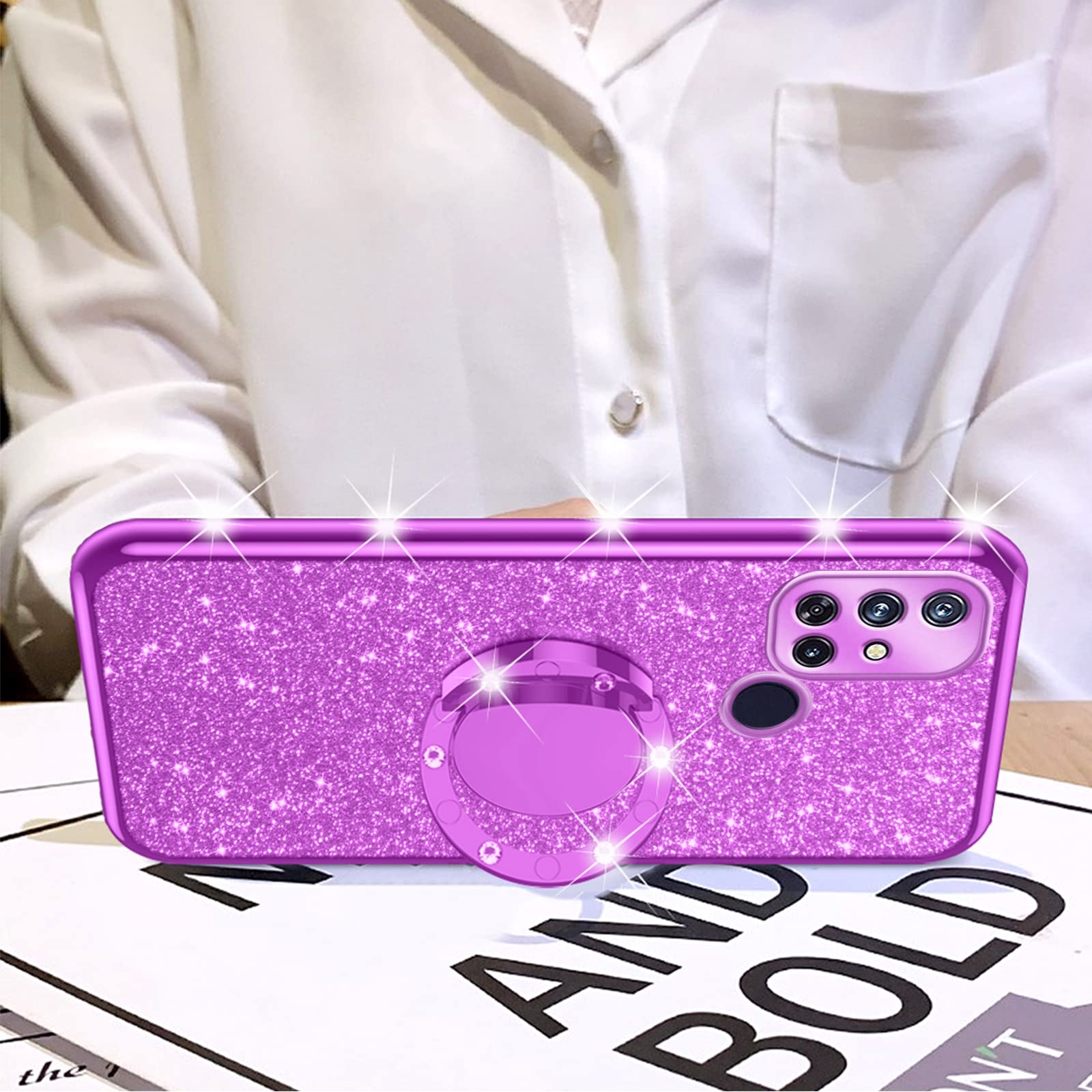 nancheng Case for OnePlus Nord N10 5G Girls Women Glitter Cute Soft TPU Cover with Ring Kickstand Strap Lanyard Bumper Shockproof Protective Cell Phone Case for OnePlus N10 5G - Purple