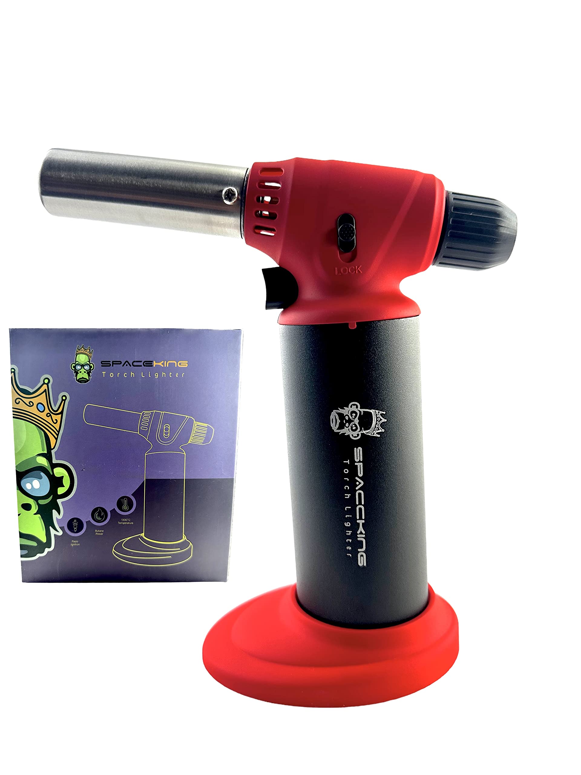 Space King Tall Wind-Proof Torch Lighter - Adjustable Flame - Child-Lock - Perfect for Camping, Kitchen, Backyard, Travel, Beach, BBQ, Mountain, Outdoors, Travel, Garage, and More. (Red)