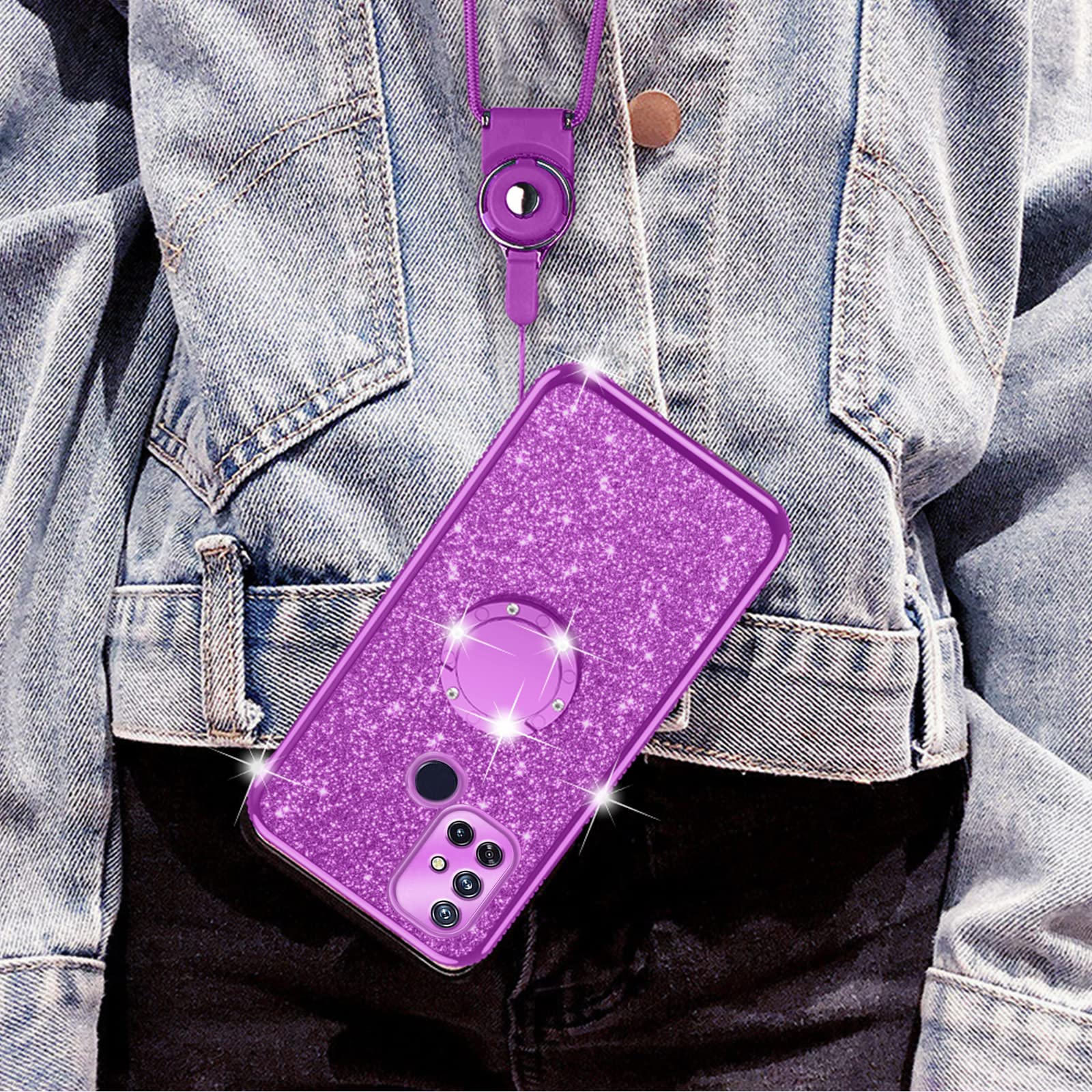 nancheng Case for OnePlus Nord N10 5G Girls Women Glitter Cute Soft TPU Cover with Ring Kickstand Strap Lanyard Bumper Shockproof Protective Cell Phone Case for OnePlus N10 5G - Purple