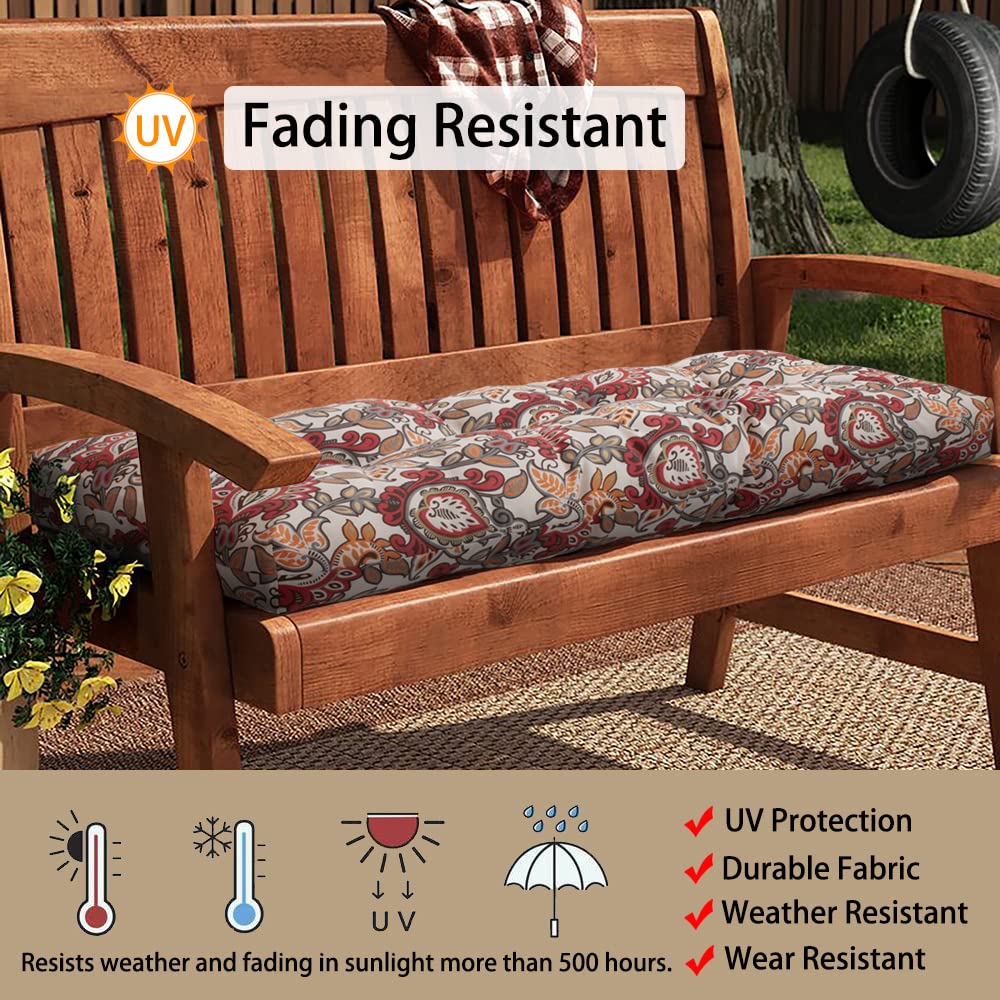 Magpie Fabrics Patio Bench Cushion 45"x18", Indoor/Outdoor Non-Slip Water Resistant Long Seat Pads, Tufted Loveseat Cushion for Swing, Settee, Window, Garden, Wicker, Front Porch (Botanical Red)