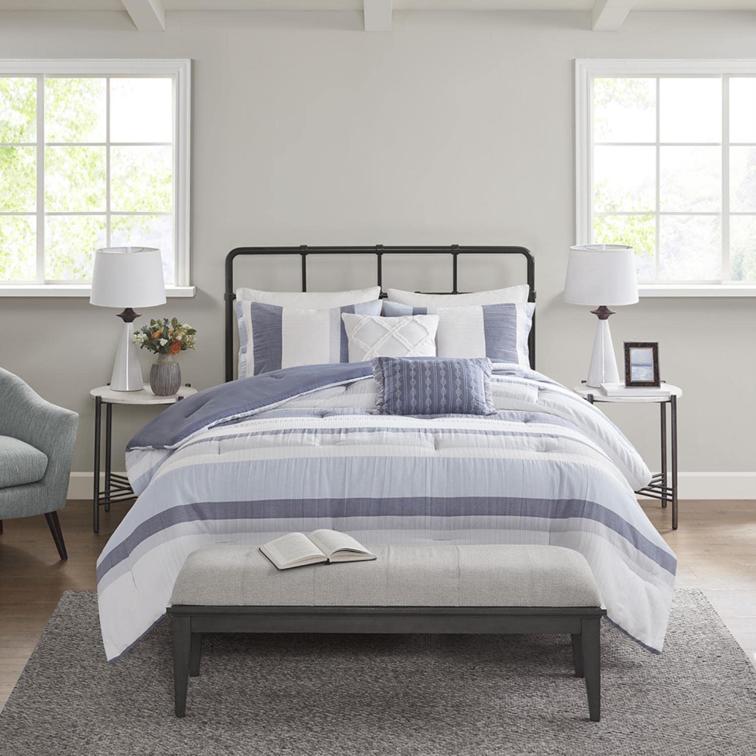 Madison Park Allegany Jacquard Comforter Set, Casual Farmhouse Striped Design, Modern Bedroom Décor, All Season Bedding with Matching Sham, Decorative Pillows, King/Cal King, Blue 5 Piece
