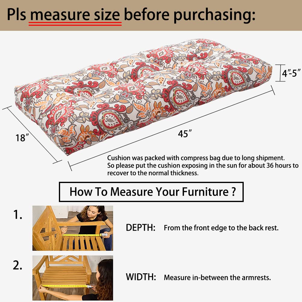 Magpie Fabrics Patio Bench Cushion 45"x18", Indoor/Outdoor Non-Slip Water Resistant Long Seat Pads, Tufted Loveseat Cushion for Swing, Settee, Window, Garden, Wicker, Front Porch (Botanical Red)