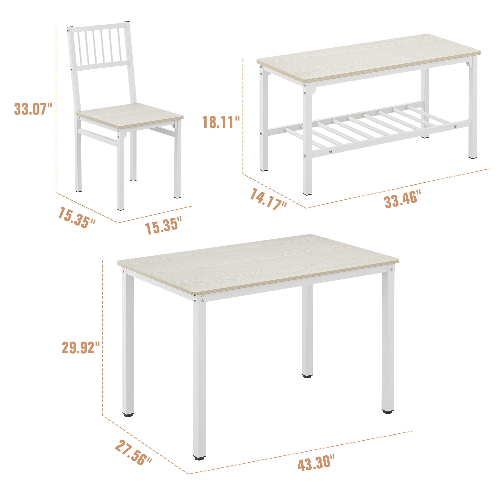 Teraves Dining Table Set/Computer Desk,Kitchen Table with 2 Chairs and a Bench,Table and Chairs 4 Piece Set for Dining Room (Beige, 110CM)