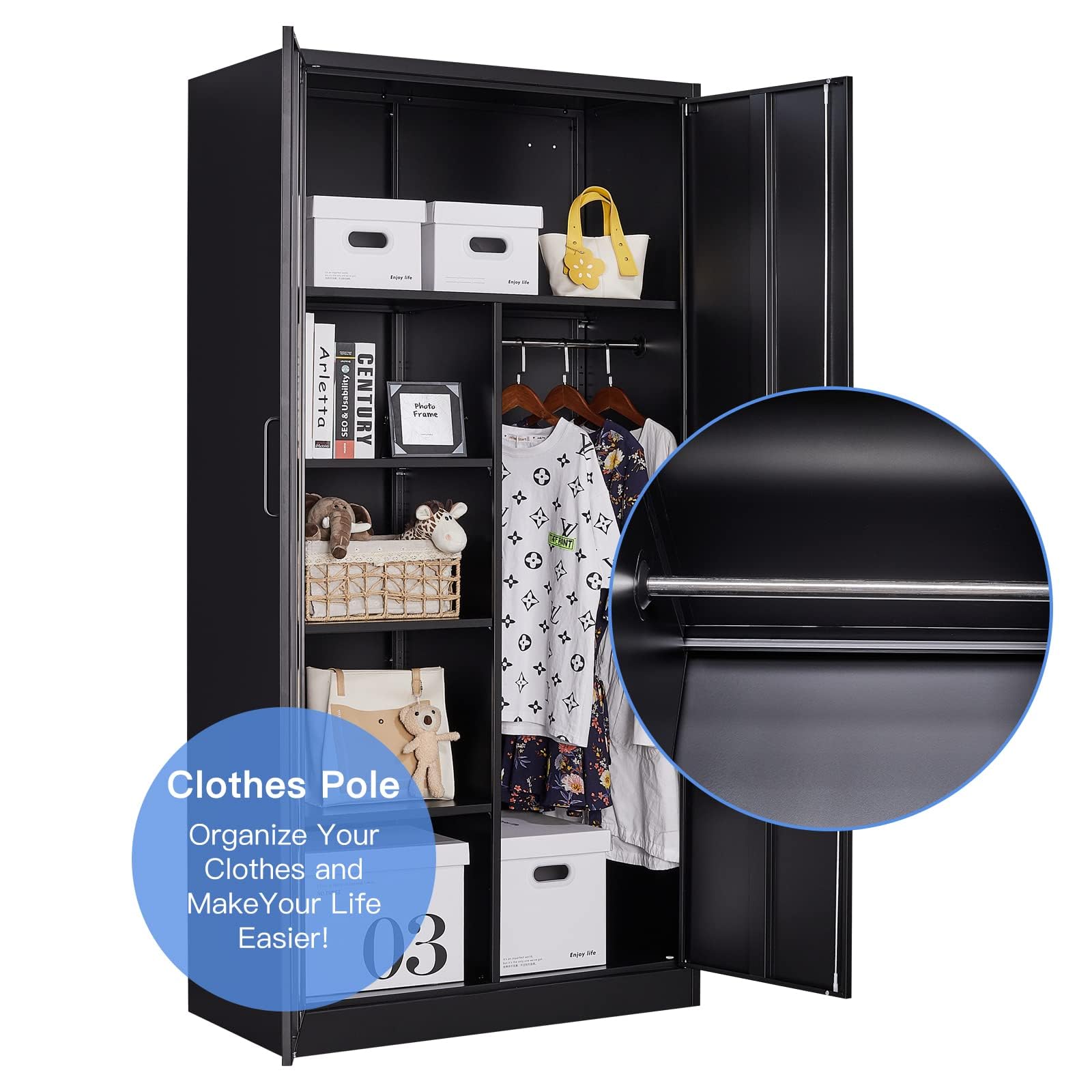 Yizosh Metal Armoire Wardrobe Closet Cabinet for Hanging Clothes with Lock Doors, -72" Steel Lockable Wardrobe Storage Locker Clothes Organizer for Bedroom, Laundry Room (Black)