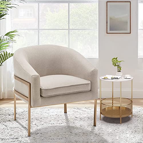 Aklaus Barrel Chairs Modern Arm Chair with Gold Metal Legs Upholstered Reading Accent Chair Club Chair with Removable Seat Cozy Sigle Sofa Chair Round Armchair for Living Guset Room Bedroom