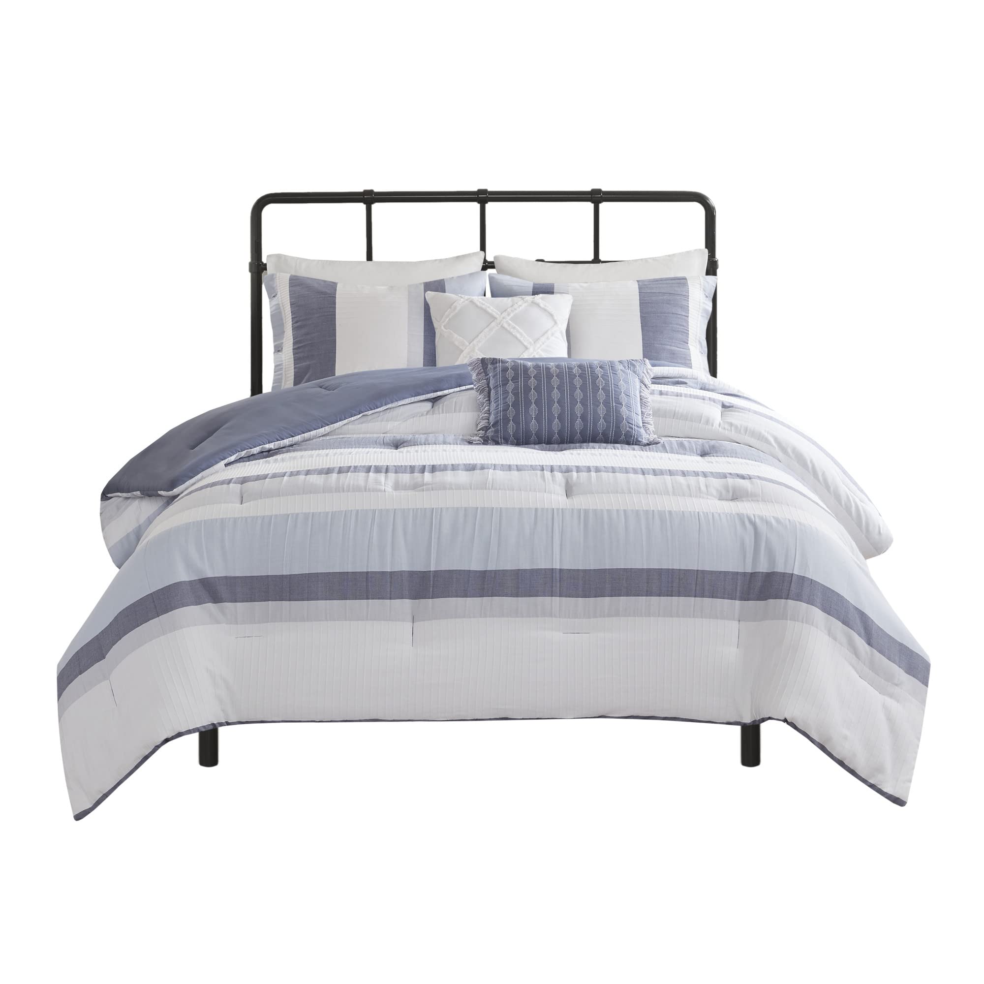 Madison Park Allegany Jacquard Comforter Set, Casual Farmhouse Striped Design, Modern Bedroom Décor, All Season Bedding with Matching Sham, Decorative Pillows, King/Cal King, Blue 5 Piece