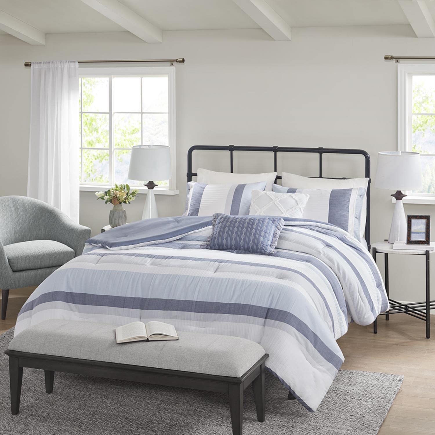 Madison Park Allegany Jacquard Comforter Set, Casual Farmhouse Striped Design, Modern Bedroom Décor, All Season Bedding with Matching Sham, Decorative Pillows, King/Cal King, Blue 5 Piece