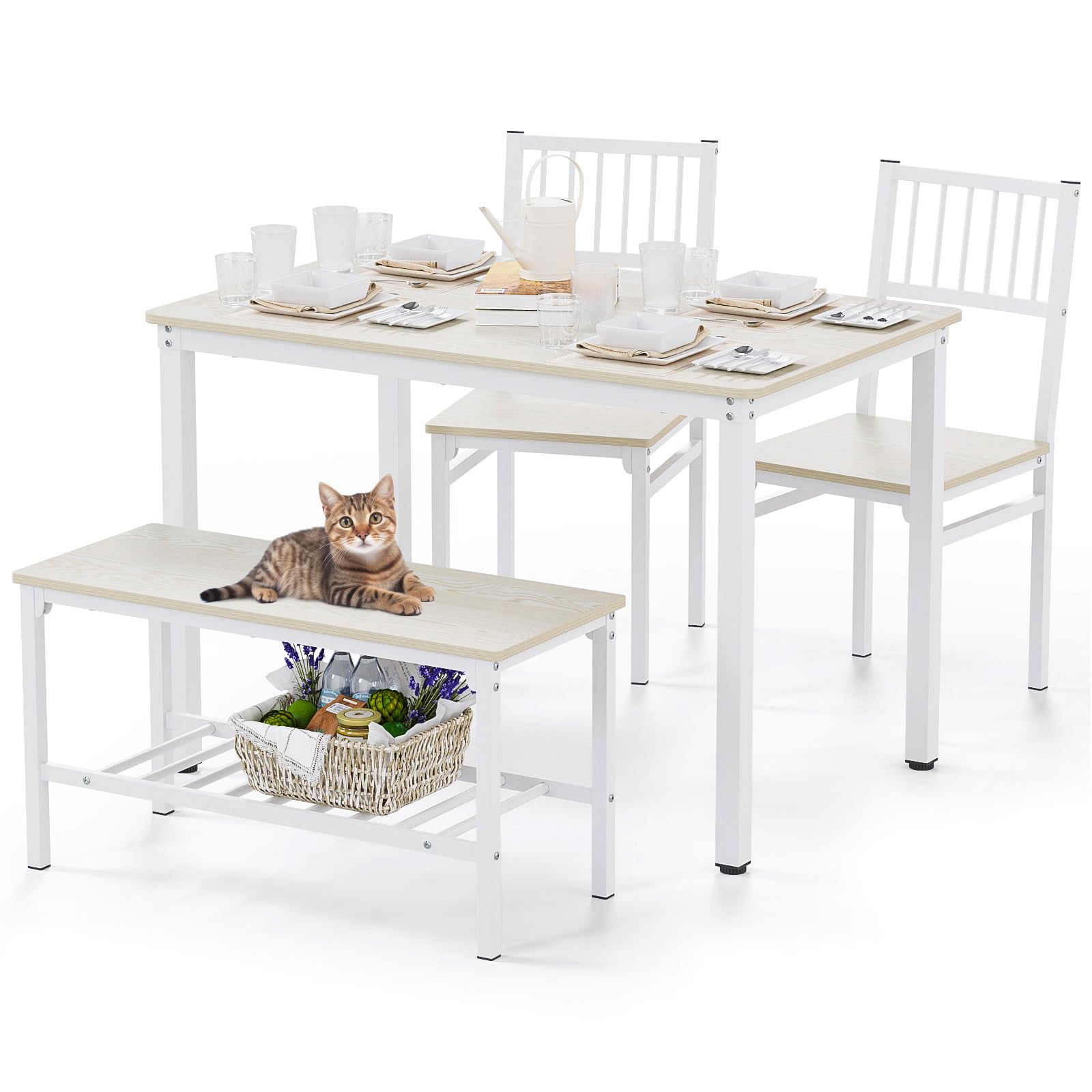 Teraves Dining Table Set/Computer Desk,Kitchen Table with 2 Chairs and a Bench,Table and Chairs 4 Piece Set for Dining Room (Beige, 110CM)