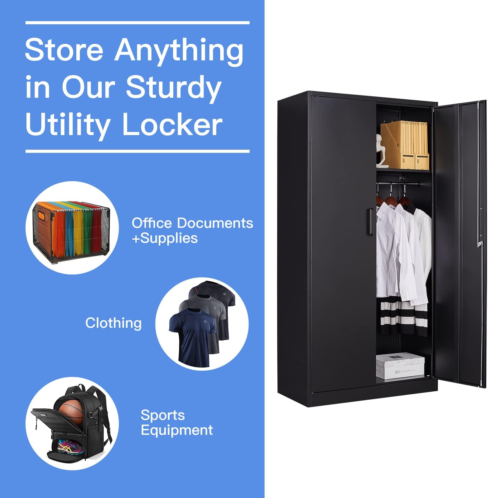 Yizosh Metal Armoire Wardrobe Closet Cabinet for Hanging Clothes with Lock Doors, -72" Steel Lockable Wardrobe Storage Locker Clothes Organizer for Bedroom, Laundry Room (Black)