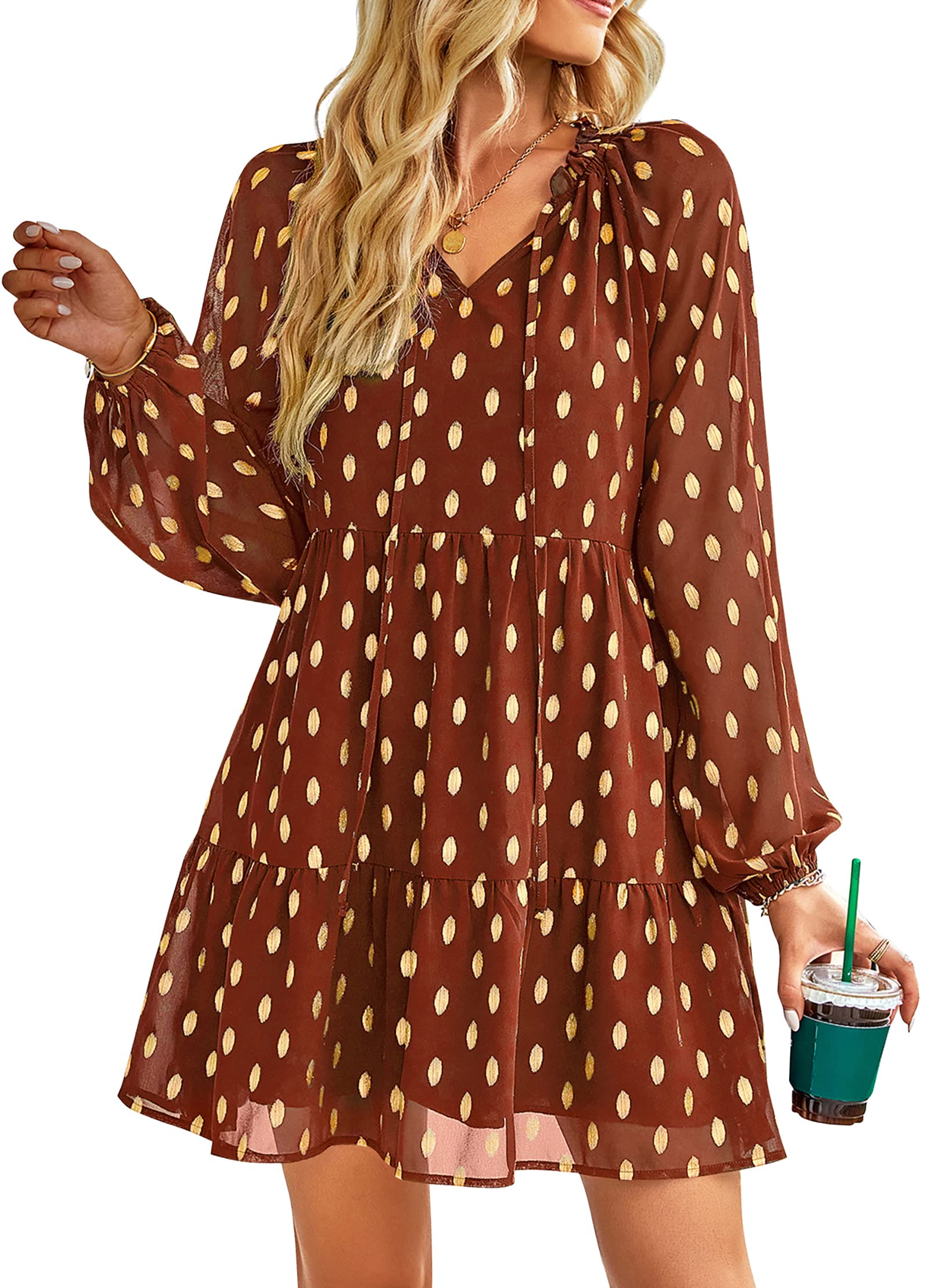 KIRUNDO Women's 2024 Fall Long Sleeve Gold Polka Dot Cute Babydoll Dress Casual V Neck Loose Tiered Flowy Mini Dress(Caremel, Medium)