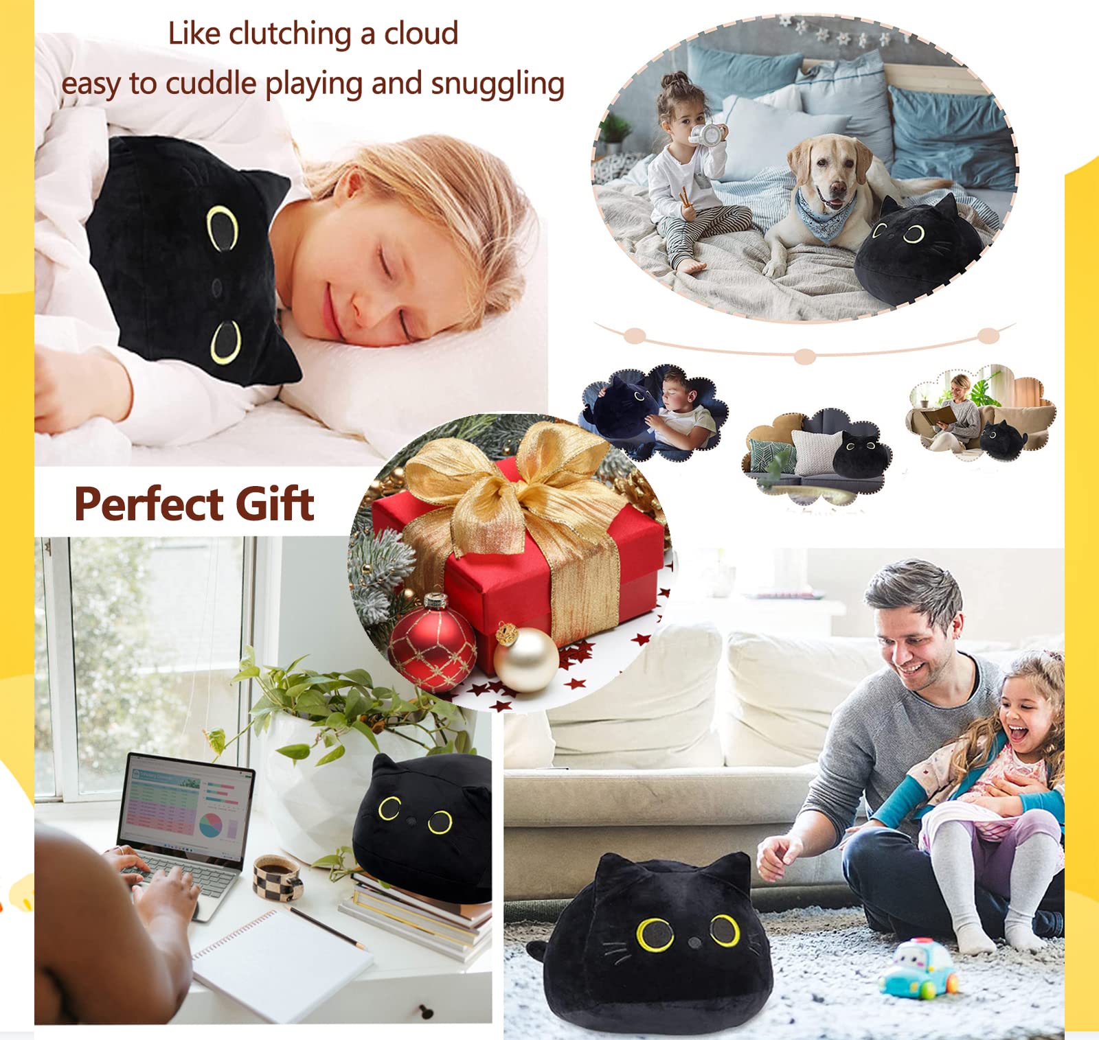 SteasMotai 15.7" 3D Black Cat Plush Toy Pillow, Soft Kawaii Kitten Stuffed Animal Cushion