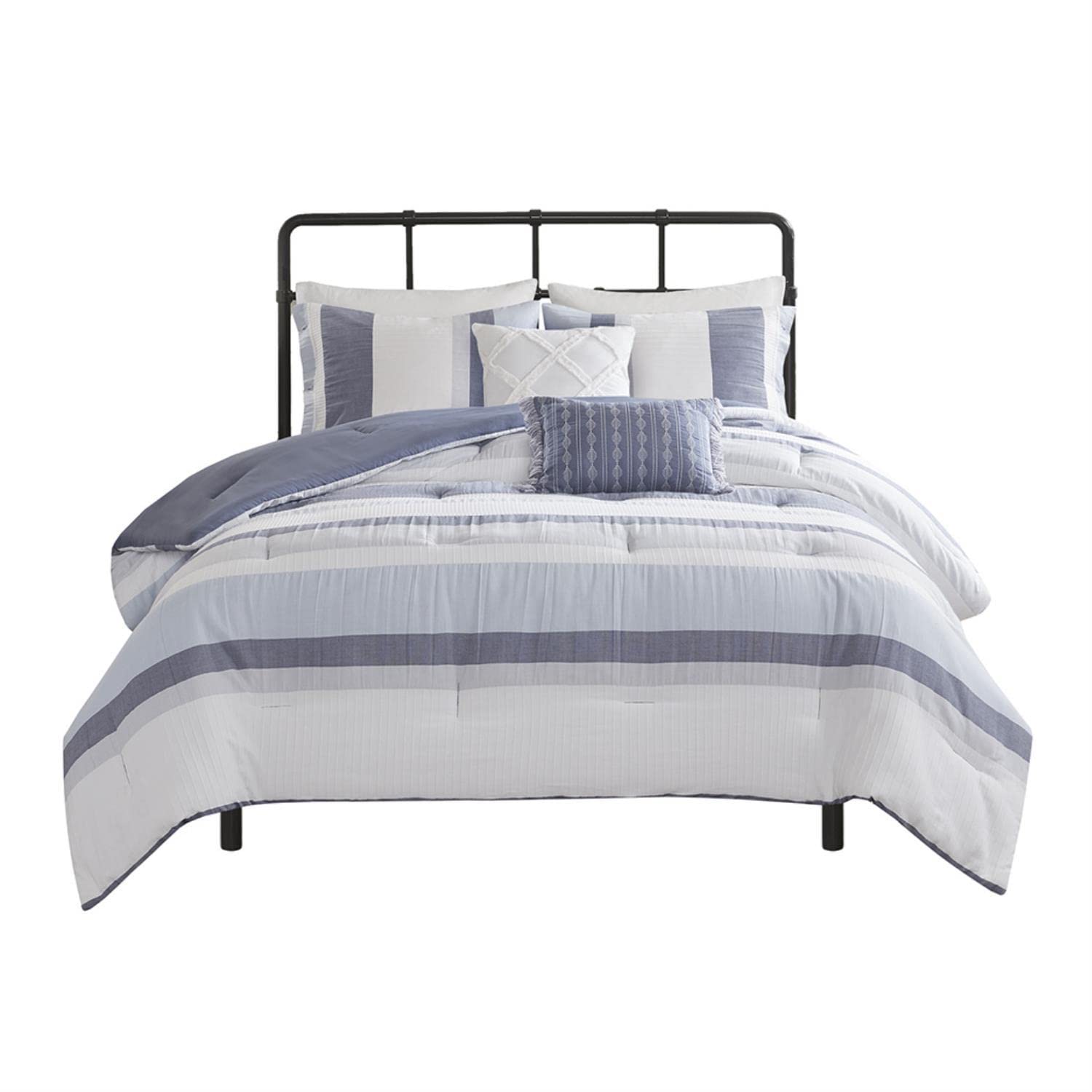 Madison Park Allegany Jacquard Comforter Set, Casual Farmhouse Striped Design, Modern Bedroom Décor, All Season Bedding with Matching Sham, Decorative Pillows, King/Cal King, Blue 5 Piece