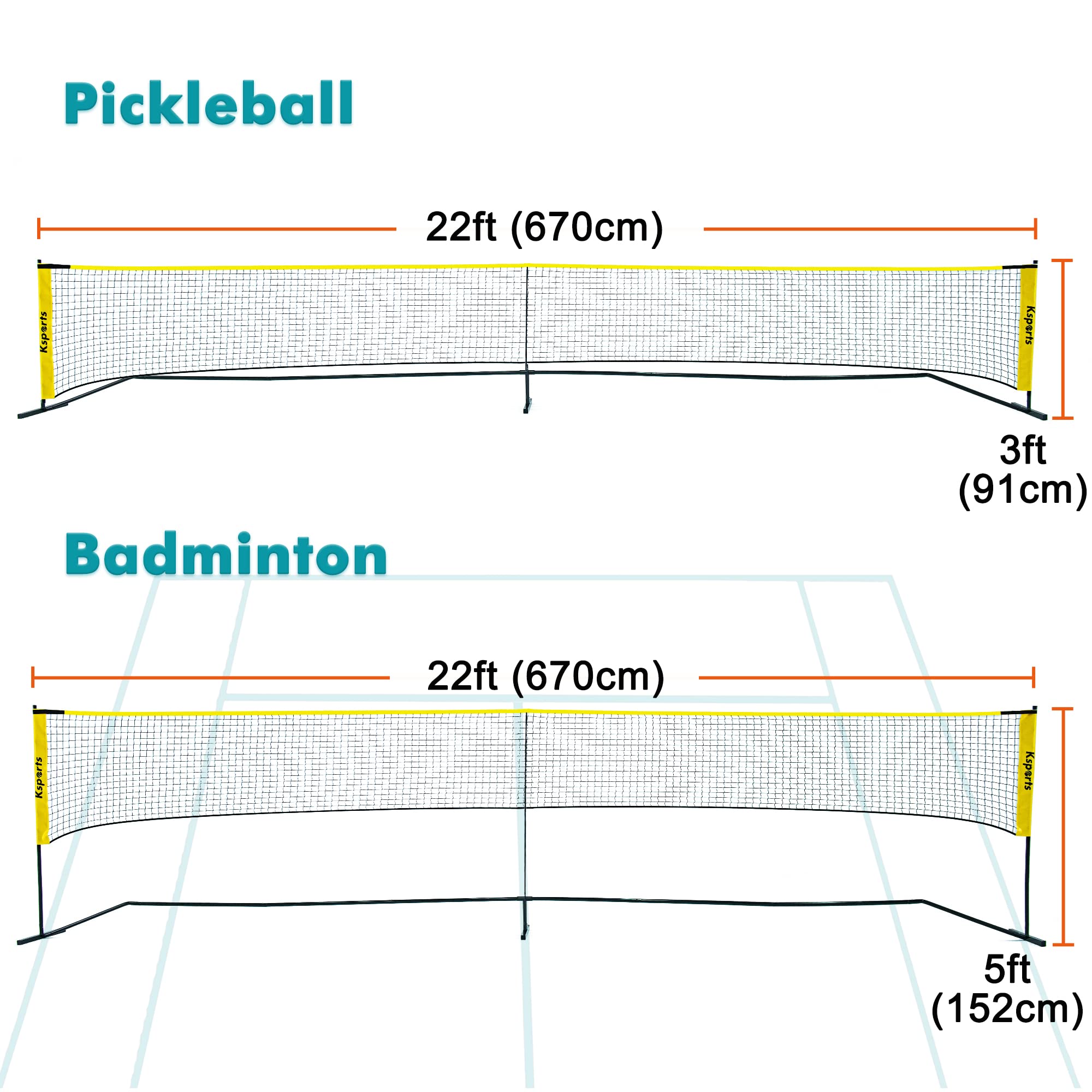 Ksports Regulation 22 feet Pickleball Net Bundle, can be Used as Recreation Tennis or Badminton Net Blue, Comprises of One Net, 4 LED Shuttlecocks, Carry Bag and 2 Pickleballs (Yellow)