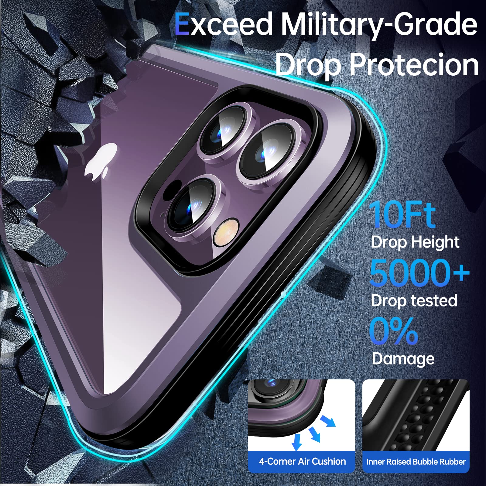 Meifigno Rainbow Series for iPhone 14 Pro Max Case with Aluminum Frame & 3X Shockproof Bumper & Clear Back, [3X Military Grade Drop Protection], Protective Phone Case iPhone 14 Pro Max, Lavender