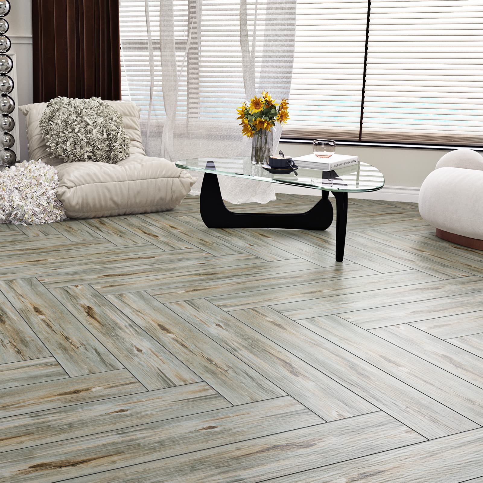 Wallercity 4-Tiles Waterproof Light Brown Vinyl Flooring Peel and Stick Flooring for Bathroom Kitchen Laminate Flooring Stick on Floor Tiles Removable Sticky Tiles Peel and Stick Floor Tile 36" x 6"