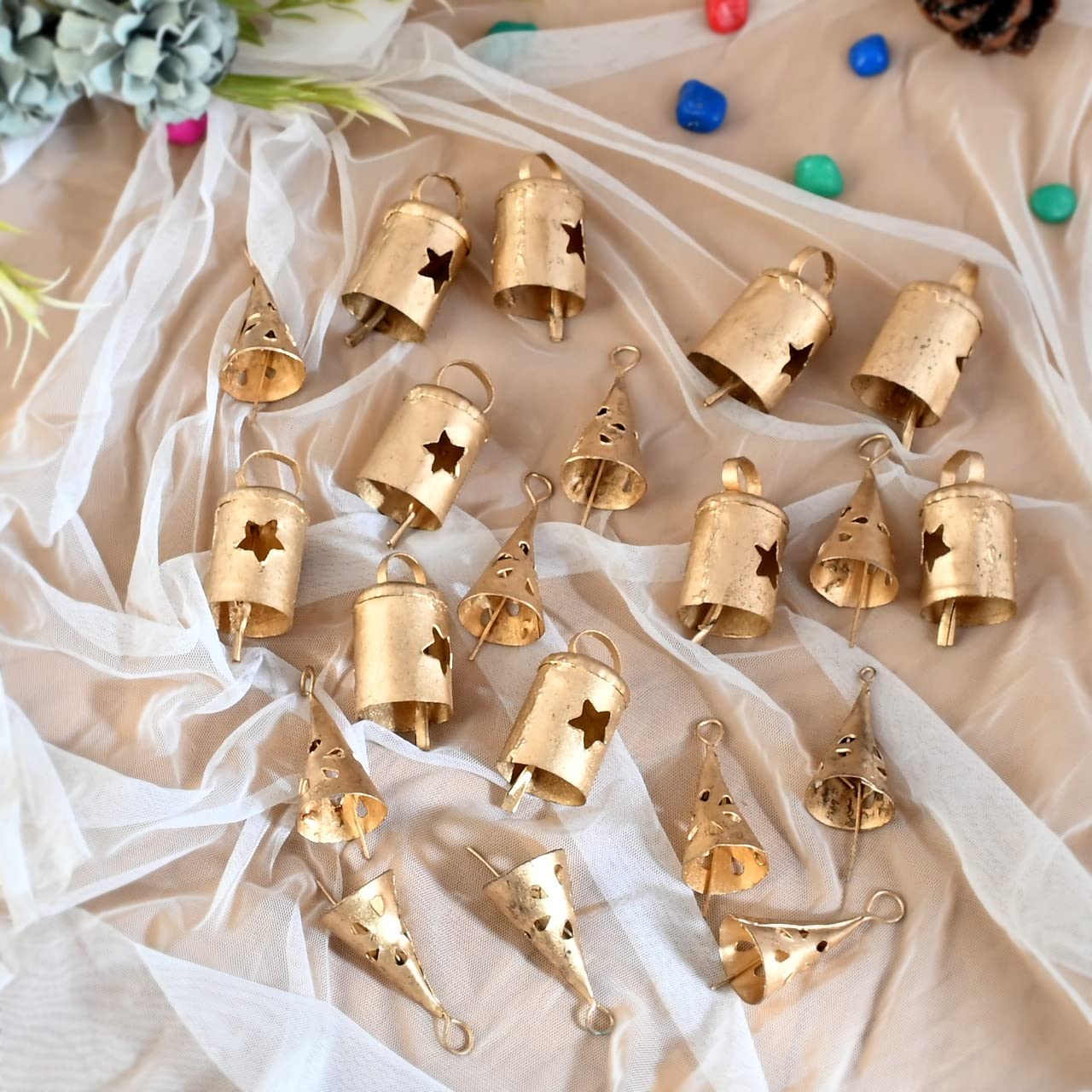 KRATI EXPORTS Soul Bells, Vintage Cutwork Iron Bells, Bohemian Decor, Indian Bells, Wind Chimes, Meditation, Christmas Bells, Bells for Decoration (Gold, 20)