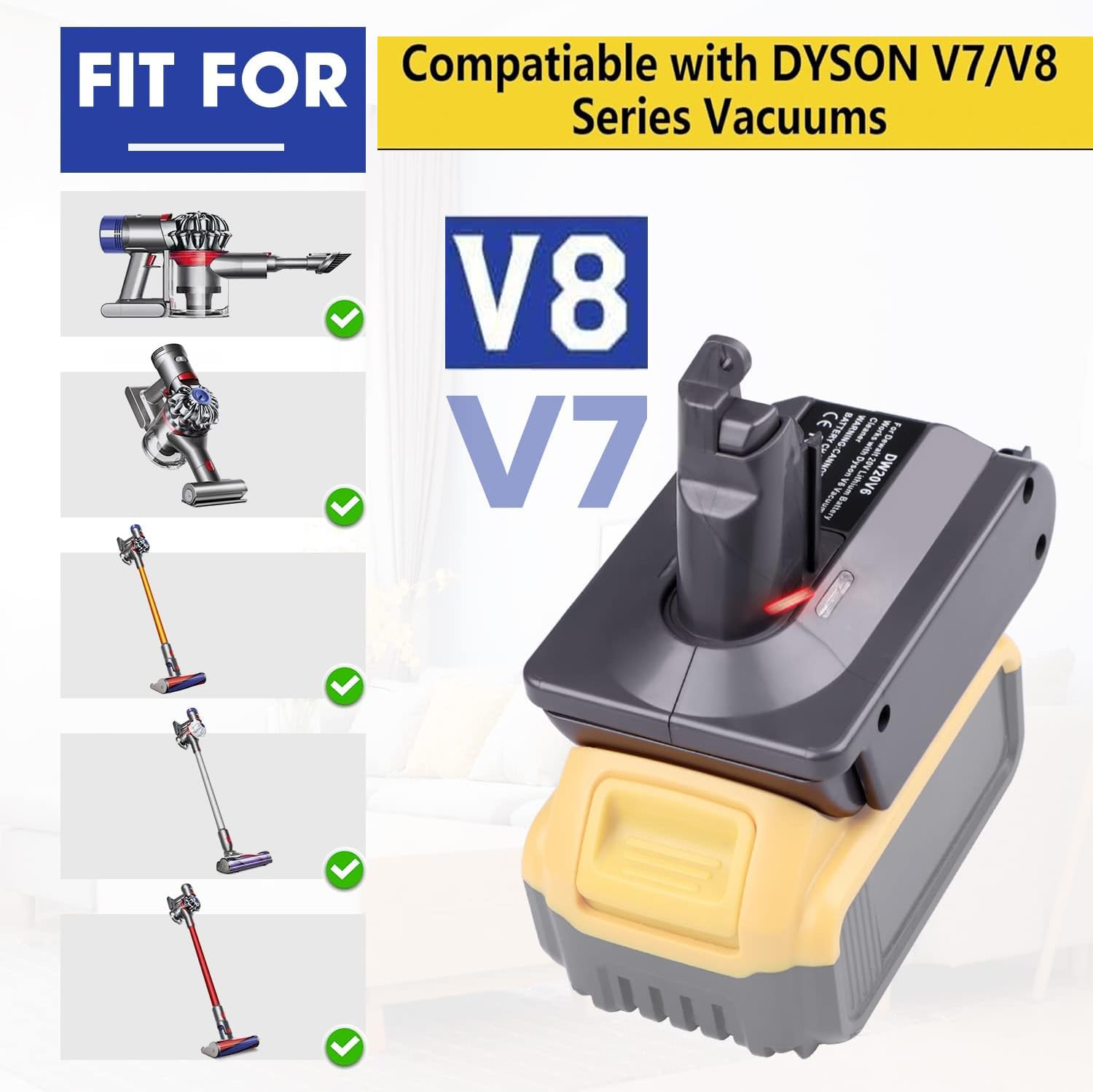 URUN V7/V8 Adapter for Dewalt 20V 60V Battery Convert to for Dyson V7/V8 Handheld Vacuum Cleaner Battery Compatible with V7/V8 Animal V7/V8 Absolute V7/V8 Motorhead Pro V7/V8 HEPA Li-ion SV11 Battery