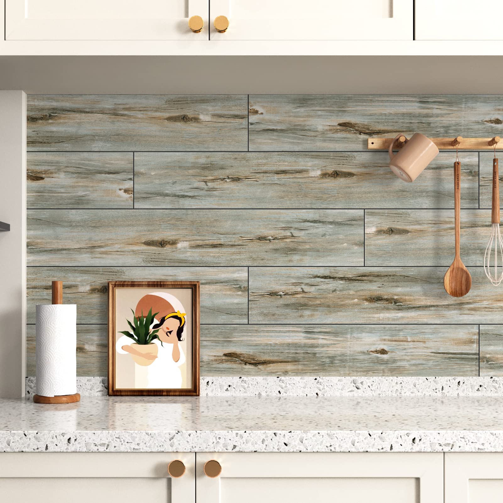 Wallercity 4-Tiles Waterproof Light Brown Vinyl Flooring Peel and Stick Flooring for Bathroom Kitchen Laminate Flooring Stick on Floor Tiles Removable Sticky Tiles Peel and Stick Floor Tile 36" x 6"