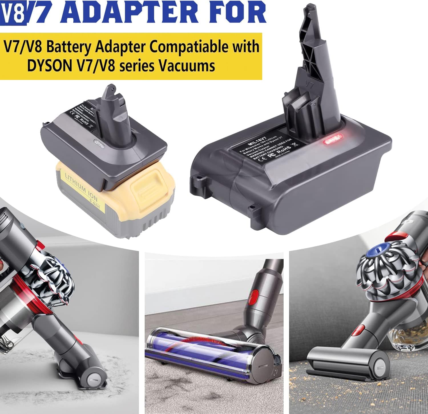 URUN V7/V8 Adapter for Dewalt 20V 60V Battery Convert to for Dyson V7/V8 Handheld Vacuum Cleaner Battery Compatible with V7/V8 Animal V7/V8 Absolute V7/V8 Motorhead Pro V7/V8 HEPA Li-ion SV11 Battery