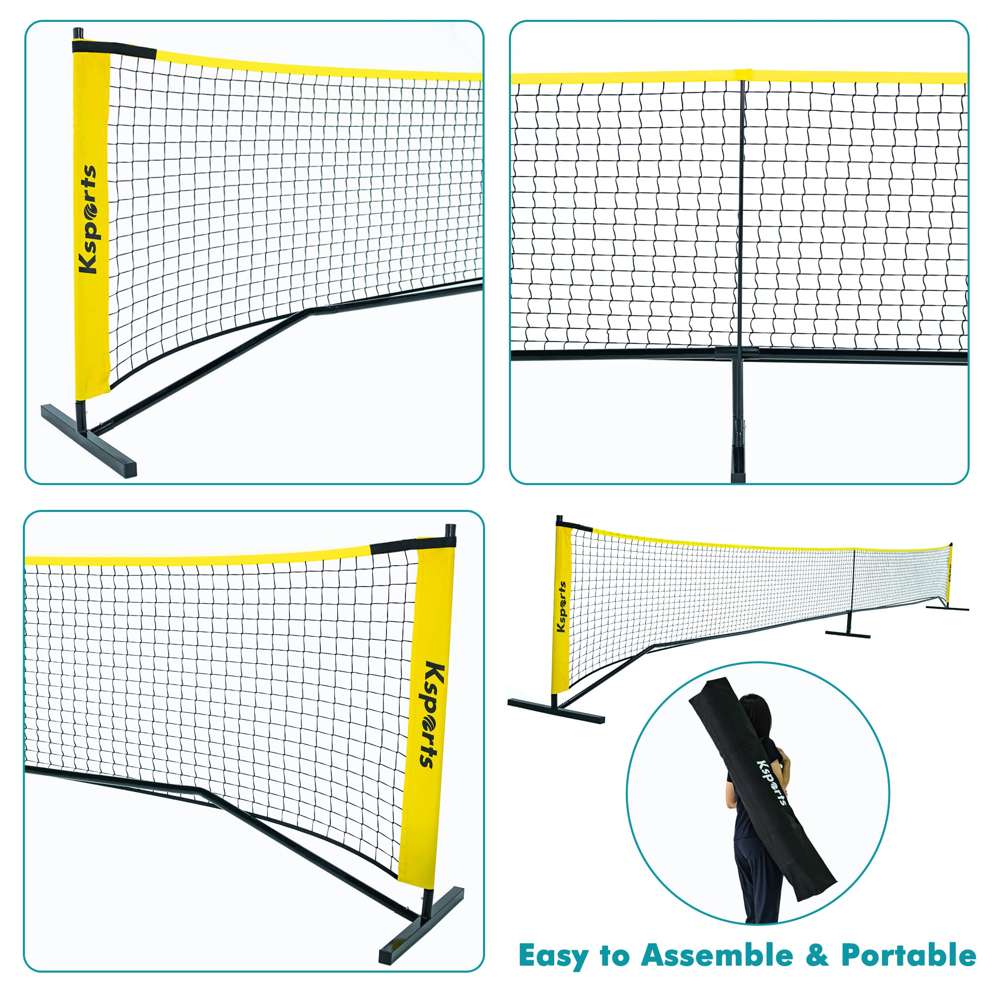 Ksports Regulation 22 feet Pickleball Net Bundle, can be Used as Recreation Tennis or Badminton Net Blue, Comprises of One Net, 4 LED Shuttlecocks, Carry Bag and 2 Pickleballs (Yellow)