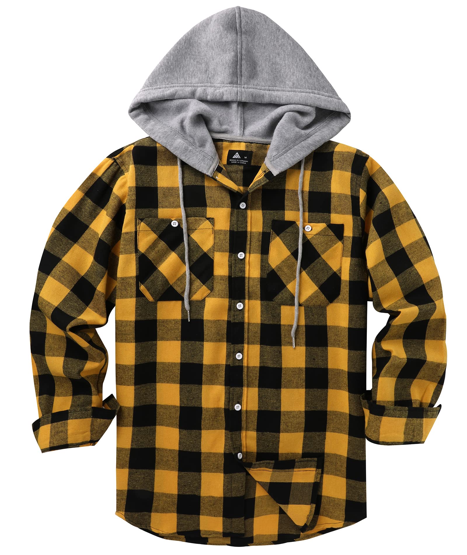 SCODI Mens Flannel Hoodie Shirt Casual Button Down Plaid Jacket Shirts Stylish Long Sleeve Shirts with Pocket Yellow Large