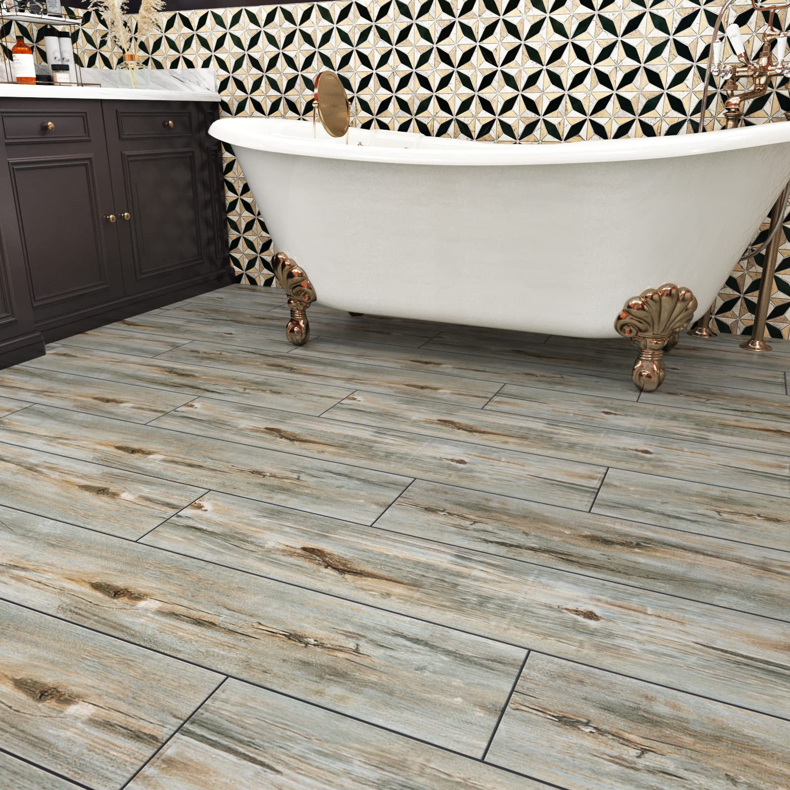 Wallercity 4-Tiles Waterproof Light Brown Vinyl Flooring Peel and Stick Flooring for Bathroom Kitchen Laminate Flooring Stick on Floor Tiles Removable Sticky Tiles Peel and Stick Floor Tile 36" x 6"